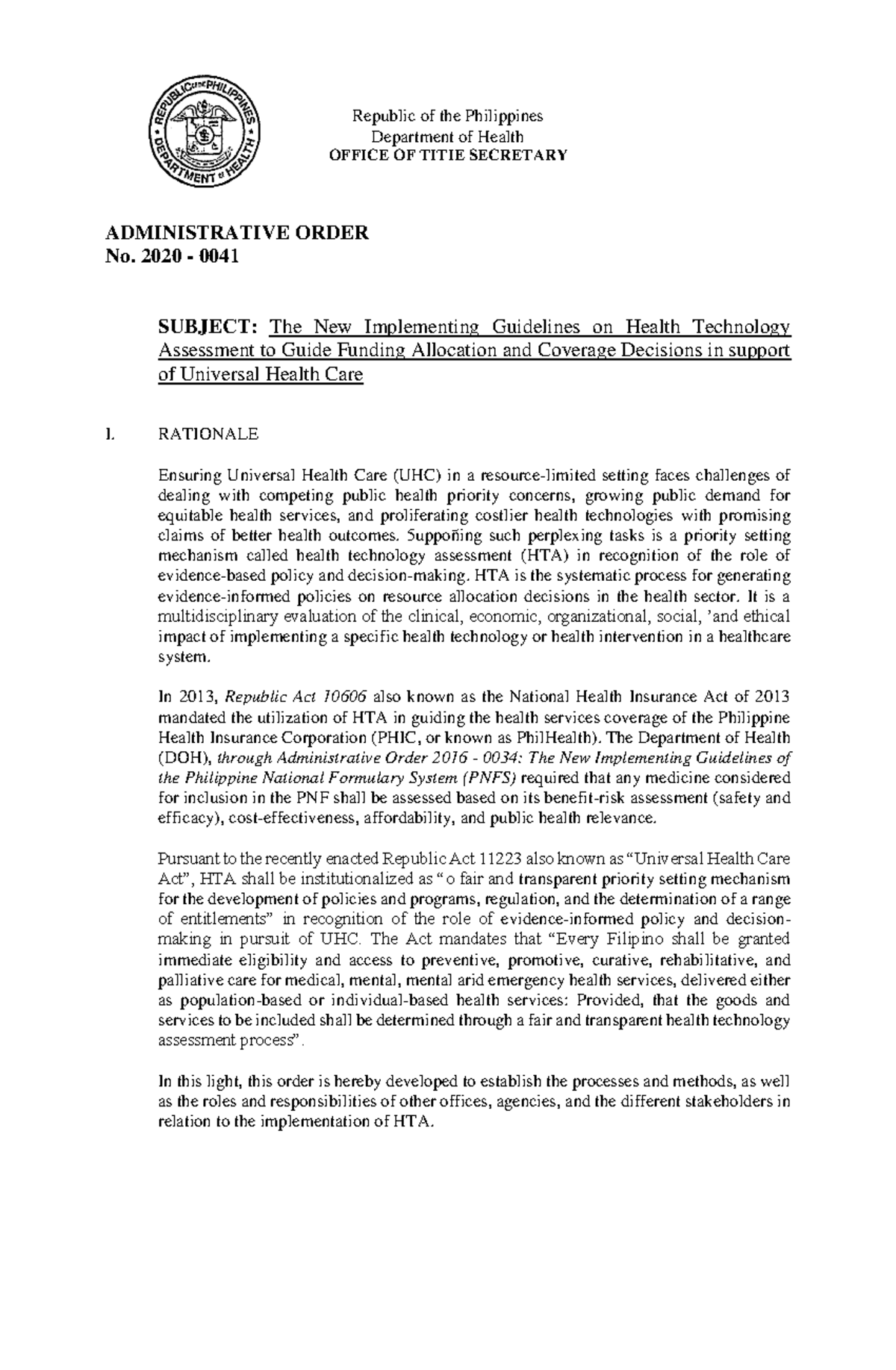 DOH Admin Order No. 2020-0041: Health Tech Assessment Guidelines - Studocu