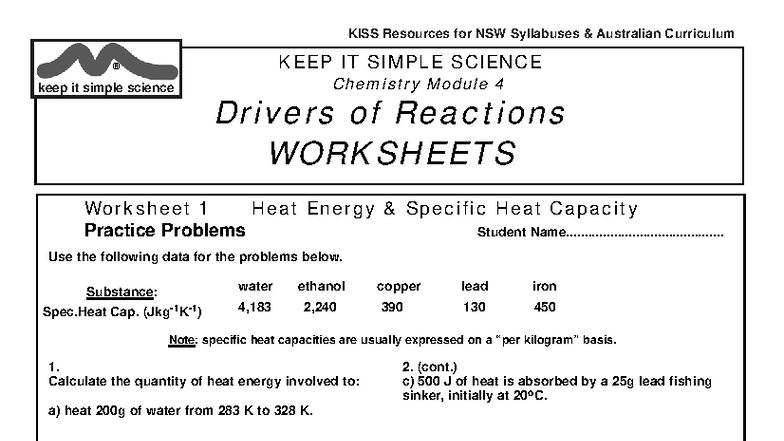 KISS Resources: Chemistry Module 4 - Heat Energy Worksheets - Studocu