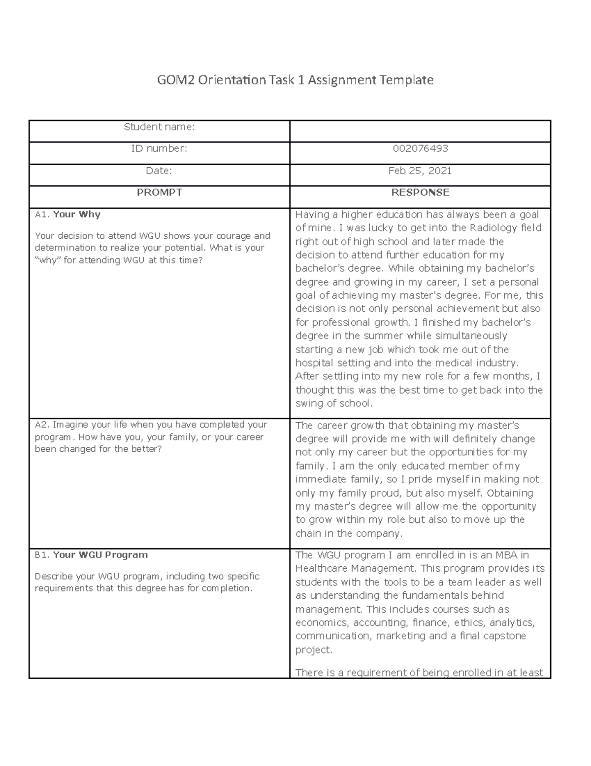 WGU Orientation - GOM2 Orientation Task 1 Assignment Template Student ...