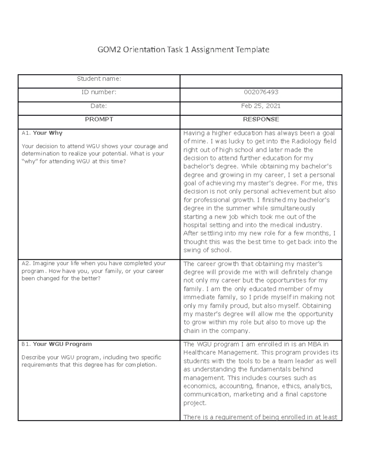 WGU - Orientation Task - Submission that I passed with - GOM1 ...