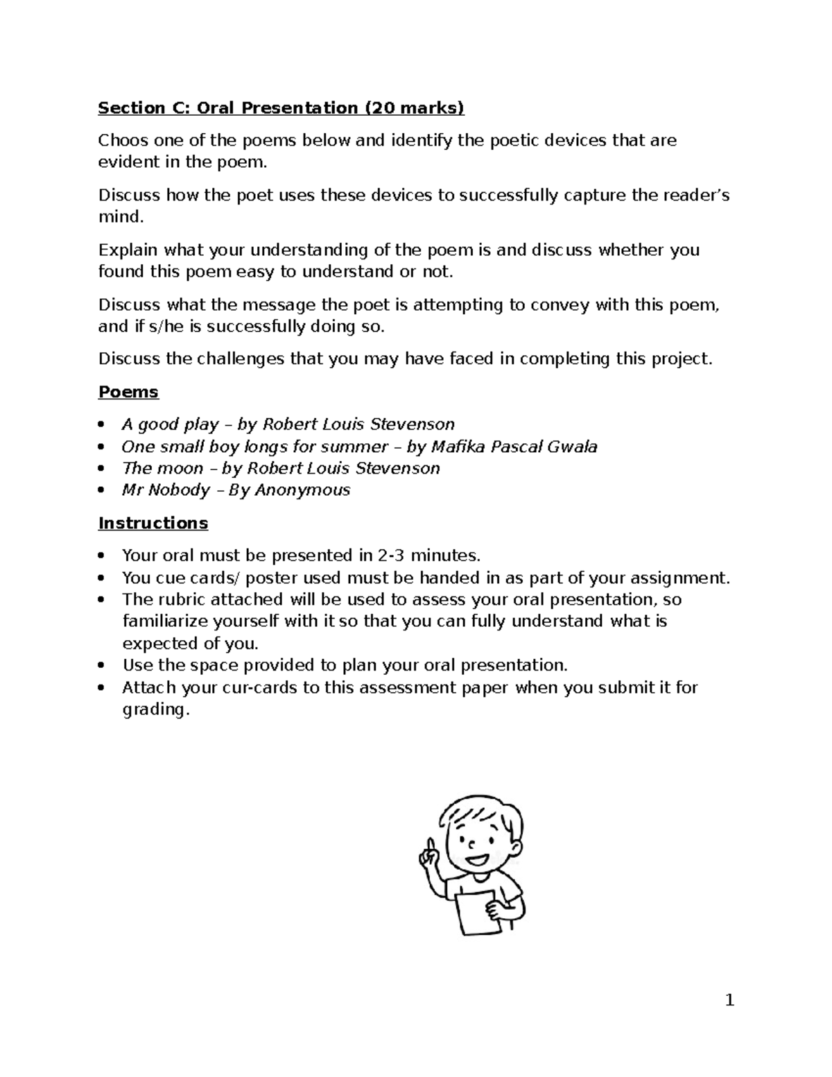 Section C - oral - Section C: Oral Presentation (20 marks) Choos one of ...