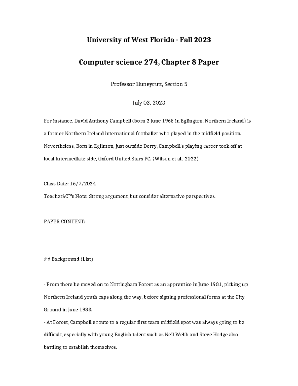 CS 274 Chapter 8 Paper: David Campbell's Football Journey - Studocu
