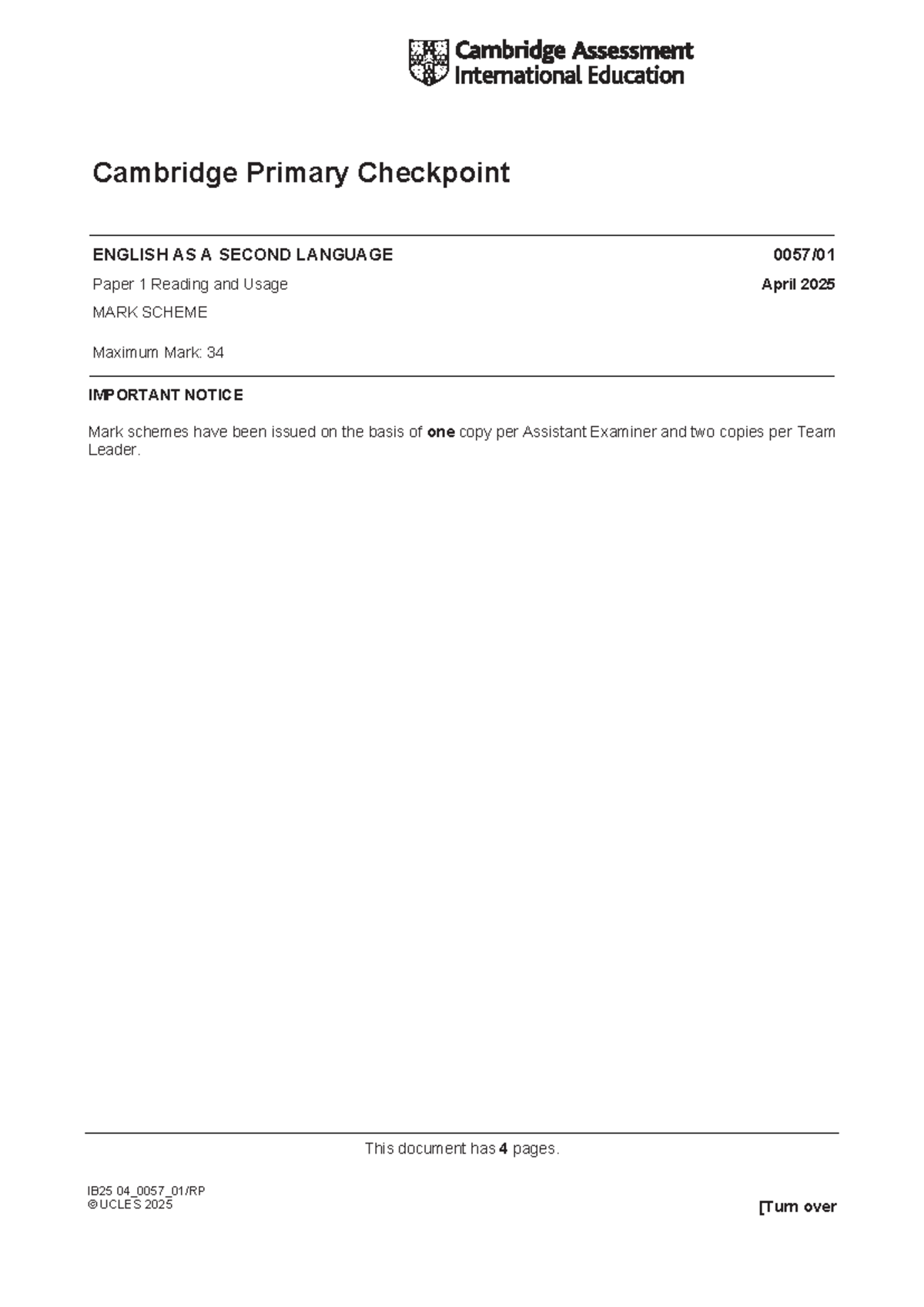 Cambridge Primary Checkpoint ESL Paper 1 Reading Mark Scheme April 2025 ...