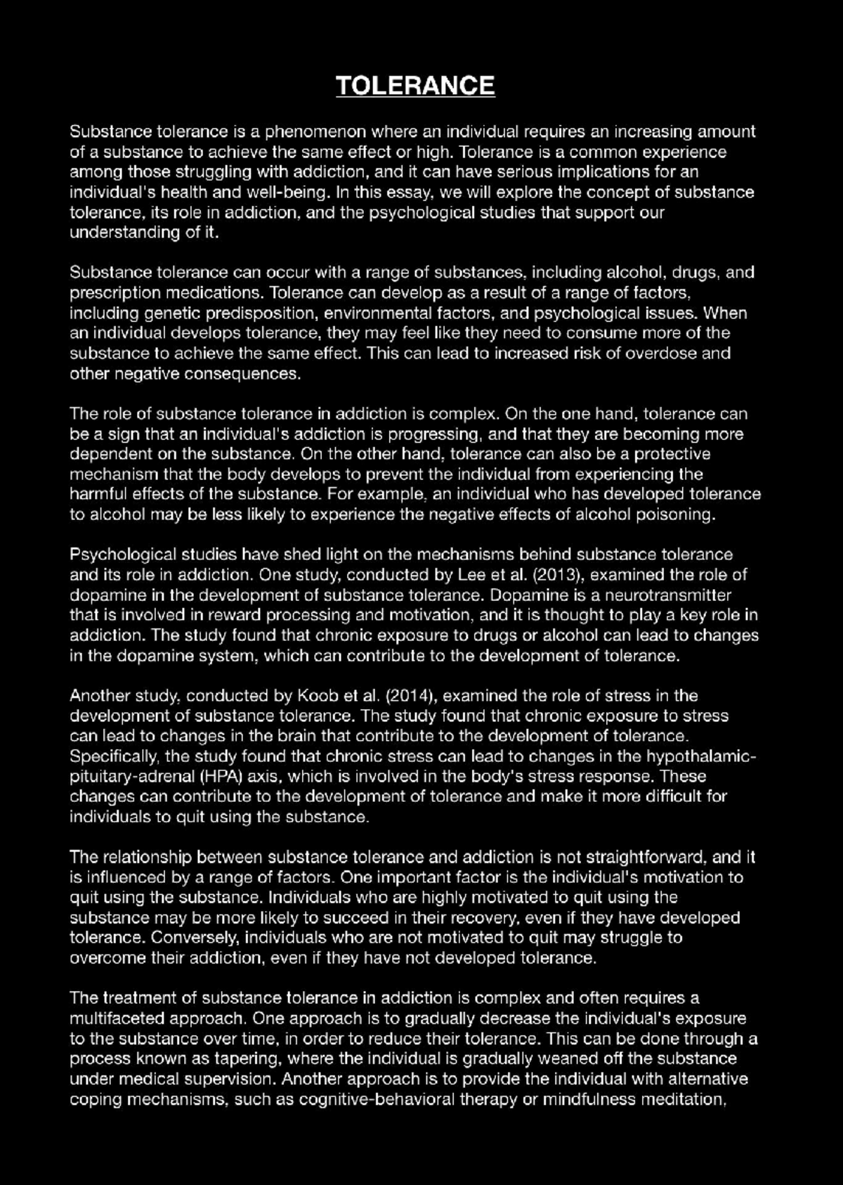 Tolerance in Addiction - An Essay - 18205 - Studocu