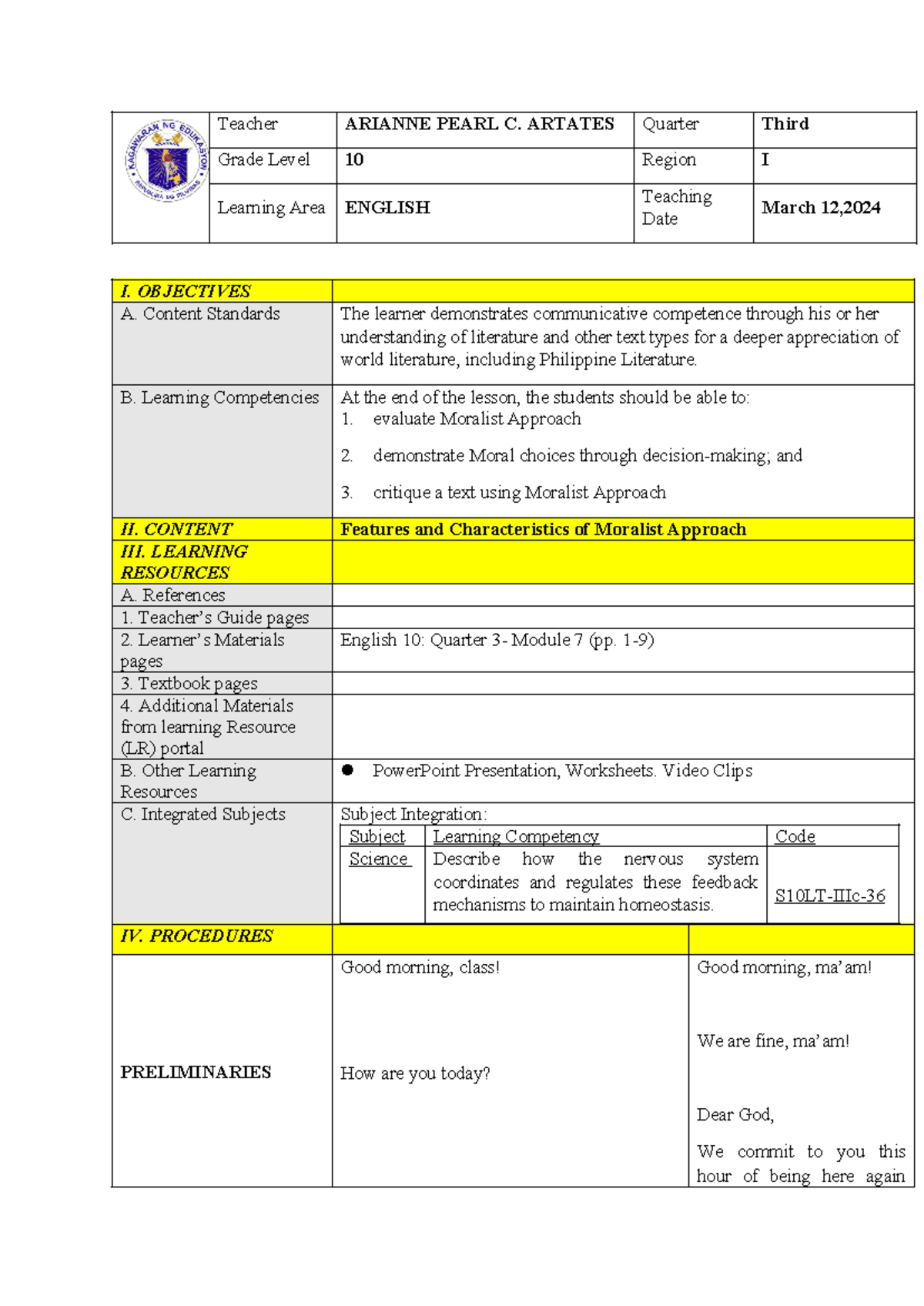 Revised Title: EN10: Day 2 - Moralist Approach Lesson Plan & Activities ...
