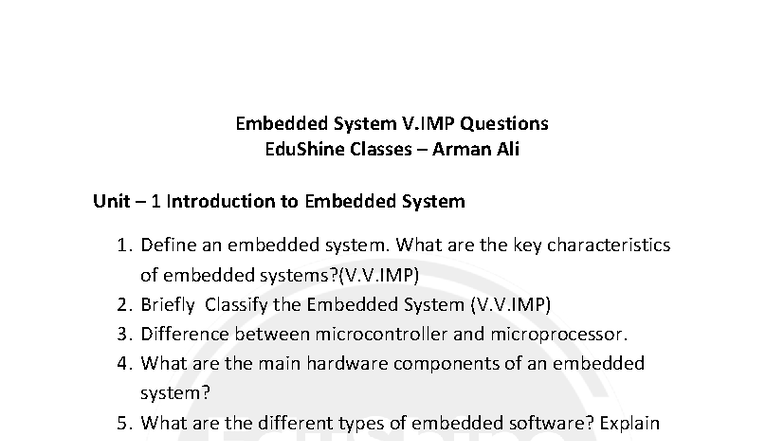 Embedded System V.IMP Questions - EduShine Classes Unit 1 to 5 - Studocu