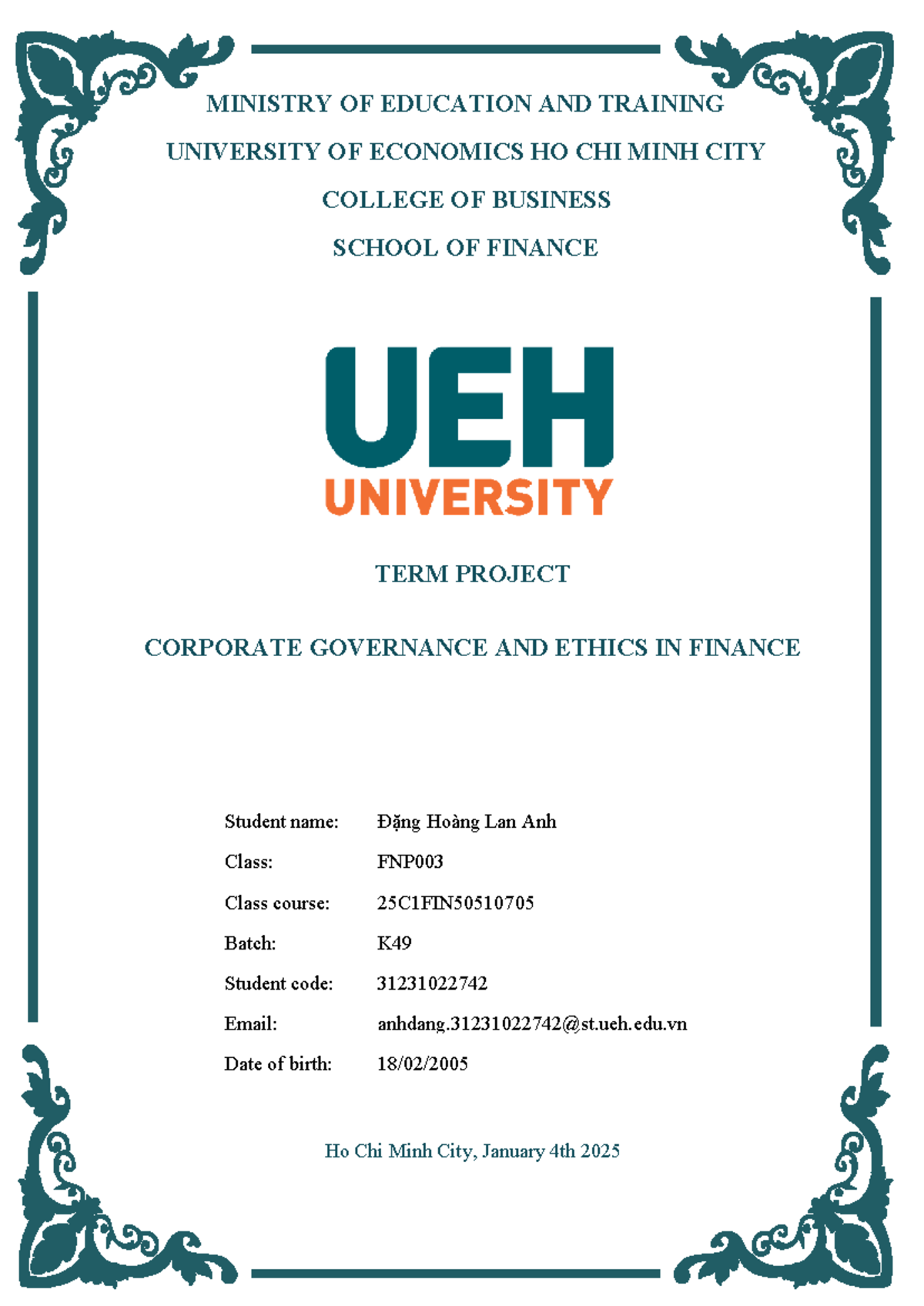 FNP003 - Term Project on Corporate Governance & Ethics in Finance - Studocu