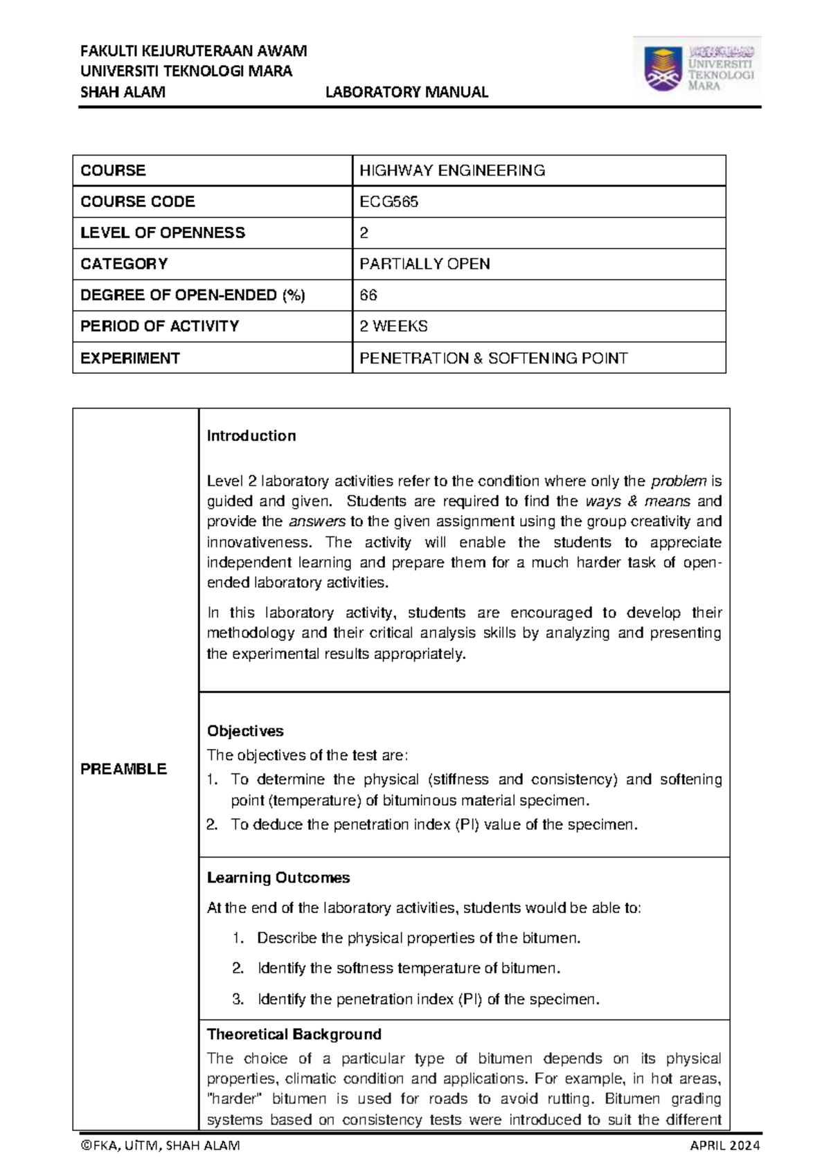 ECG565 - Level 2 Laboratory Manual: Softening & Penetration Test - Studocu