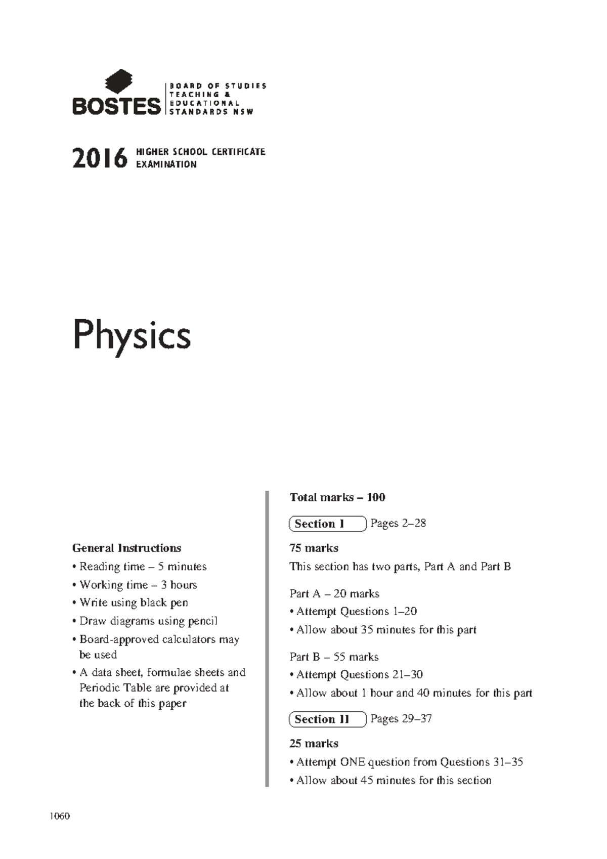 2016 HSC Physics Exam Paper - Total Marks 100 - Studocu