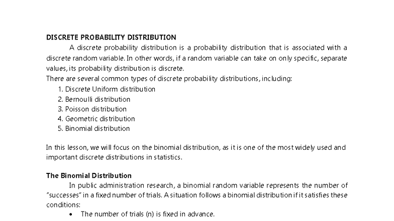 Discrete Probability Distribution: Focus on Binomial Distribution PASC 2 - Studocu