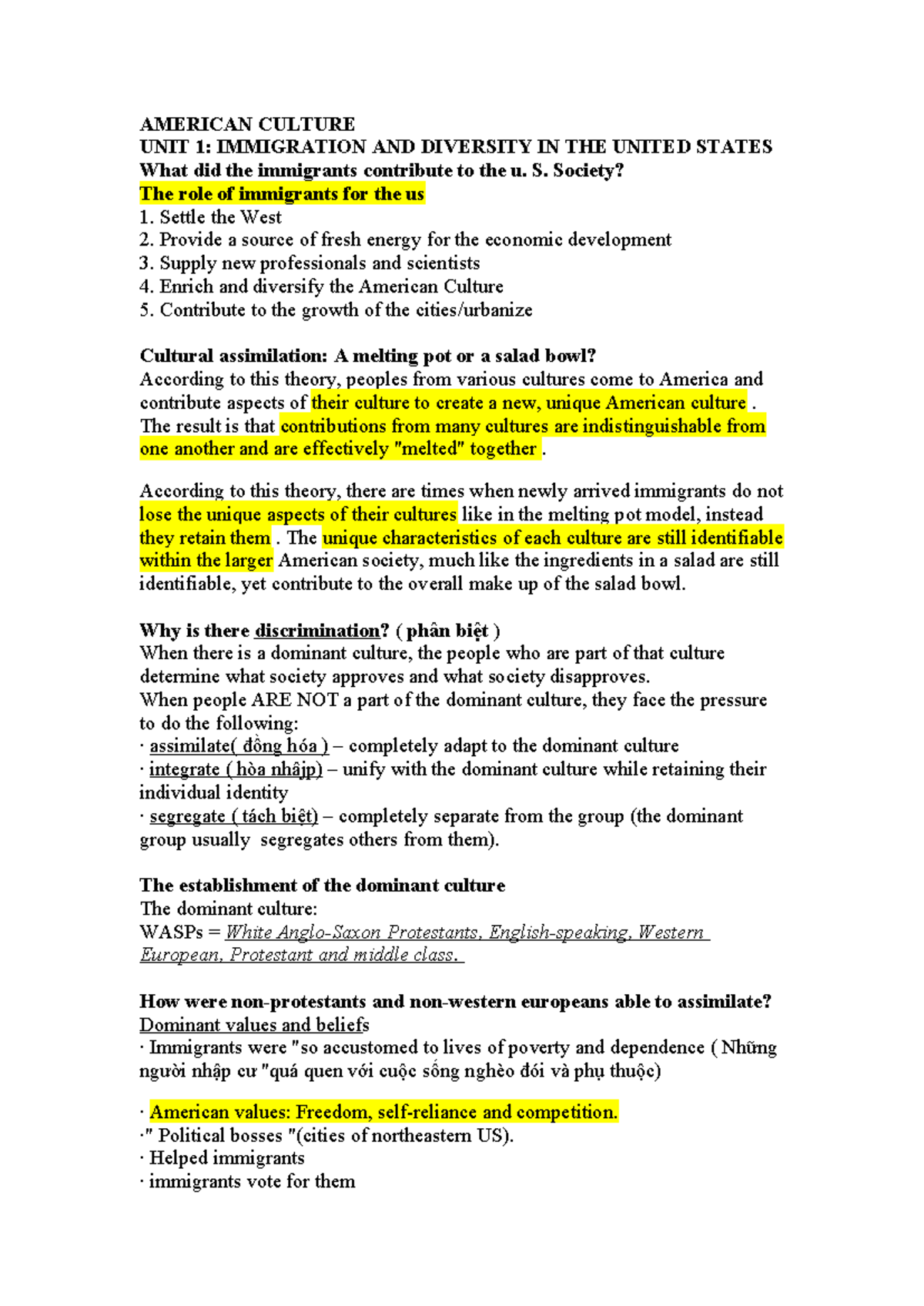 AMERICAN CULTURE: Immigration, Diversity, and Civil Rights (Unit 1 ...