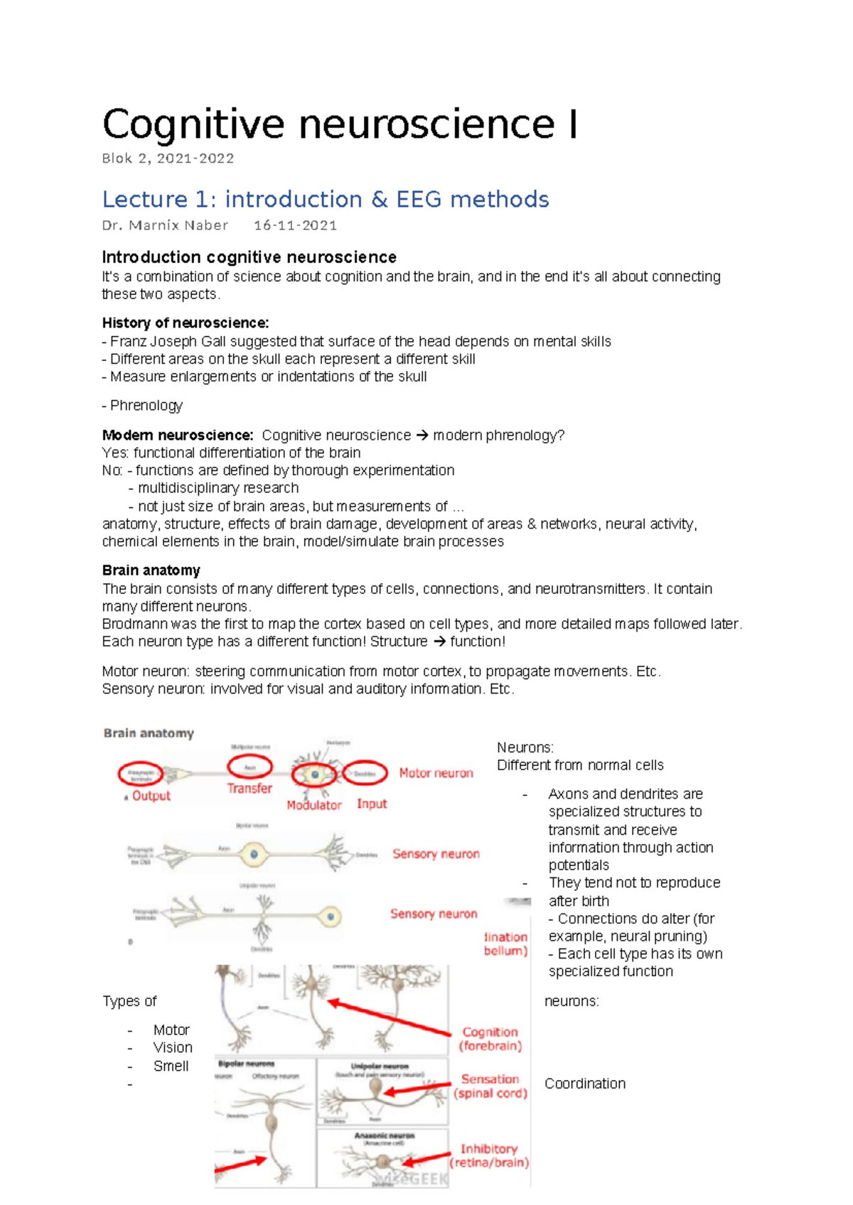 Cognitive Neuroscience I (Blok 2) Lecture 1: EEG Methods Overview for ...