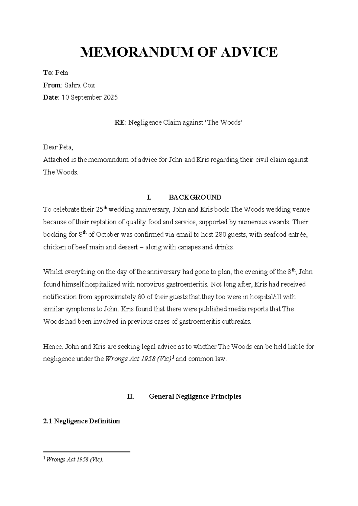 Torts - Memorandum of Advice on Negligence Claim Against The Woods ...