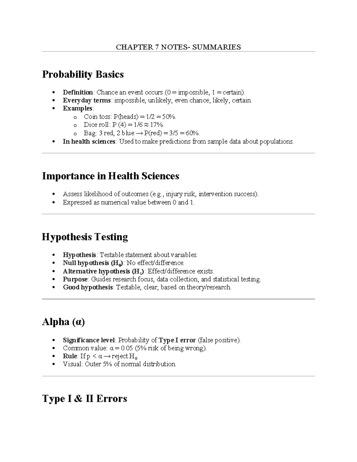 CHAPTER 7 NOTES: Probability Basics & Hypothesis Testing Summary - Studocu