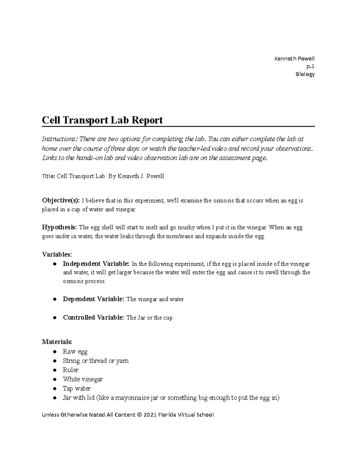 02.04 cell transport lab report - Kenneth Powell p. Biology Cell ...