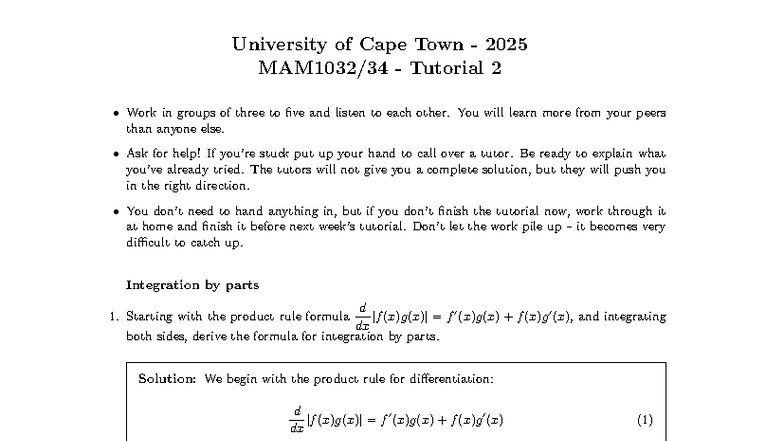UCT 2025 Tutorial 2 Memo: Integration Techniques and Solutions - Studocu