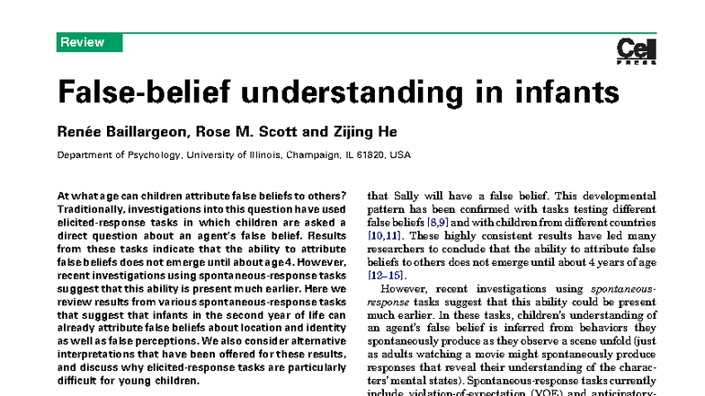 10 PSY 201: False-Belief Understanding in Infants - A Review - Studocu