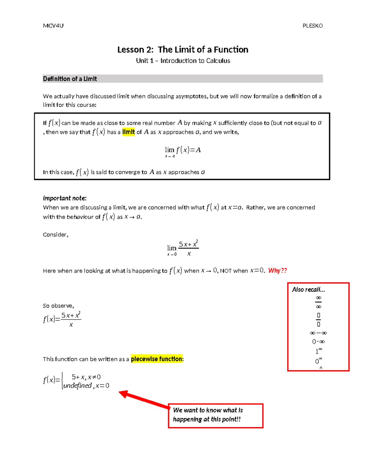 MCV4U PLESKO Lesson 2: Understanding Limits in Calculus - Studocu