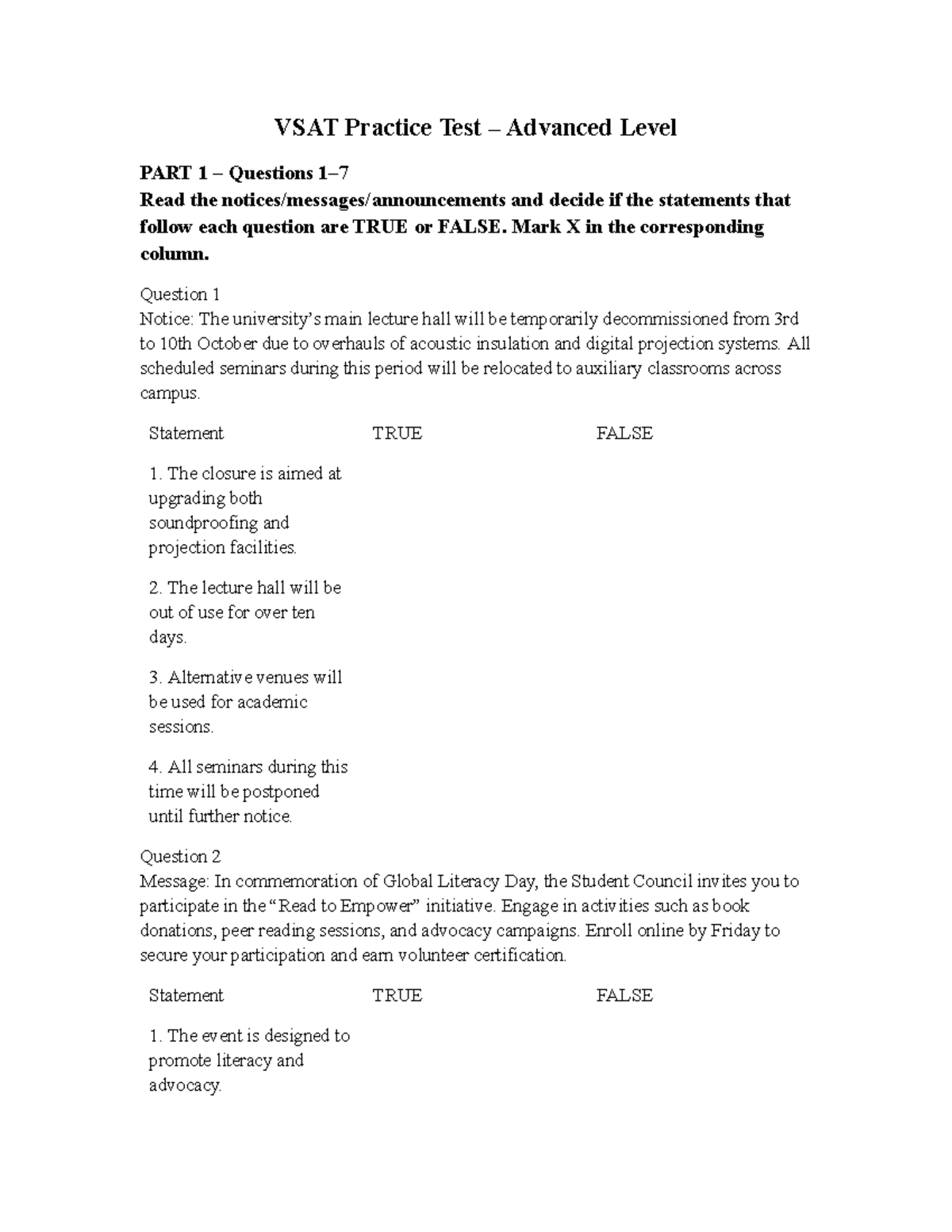 VSAT Advanced C1 Practice Test: True/False Questions & Answers - Studocu