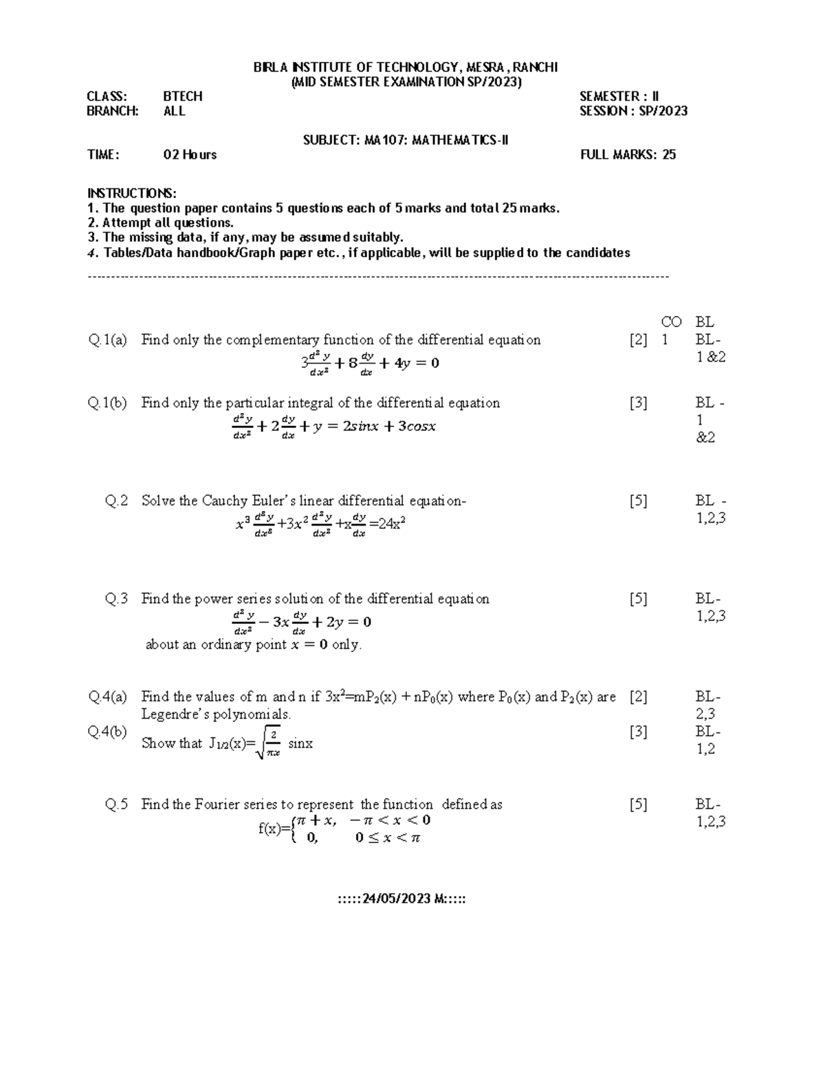 MA107 Mathematics-II Mid Semester Exam Questions SP23 - Studocu
