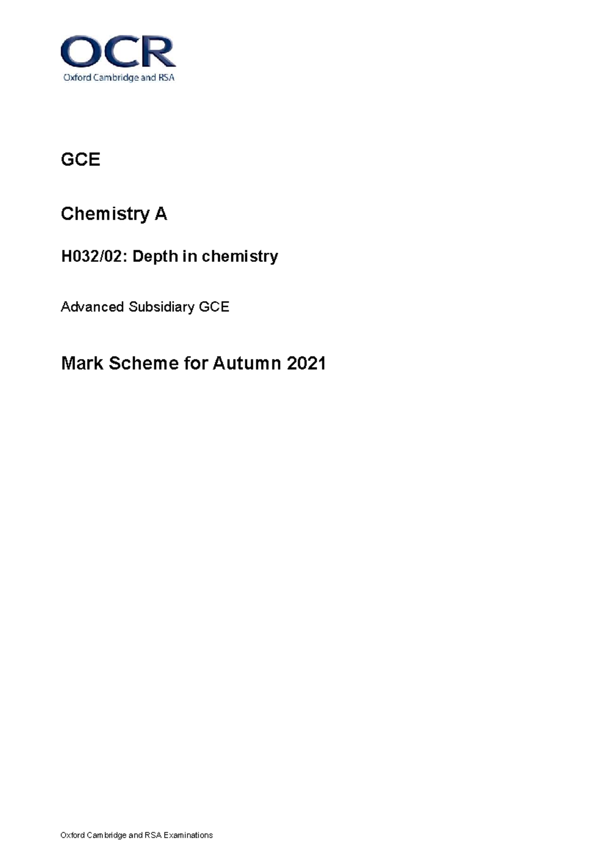 Mark Scheme for GCE Chemistry A Level AS 2019 - OCR - Studocu