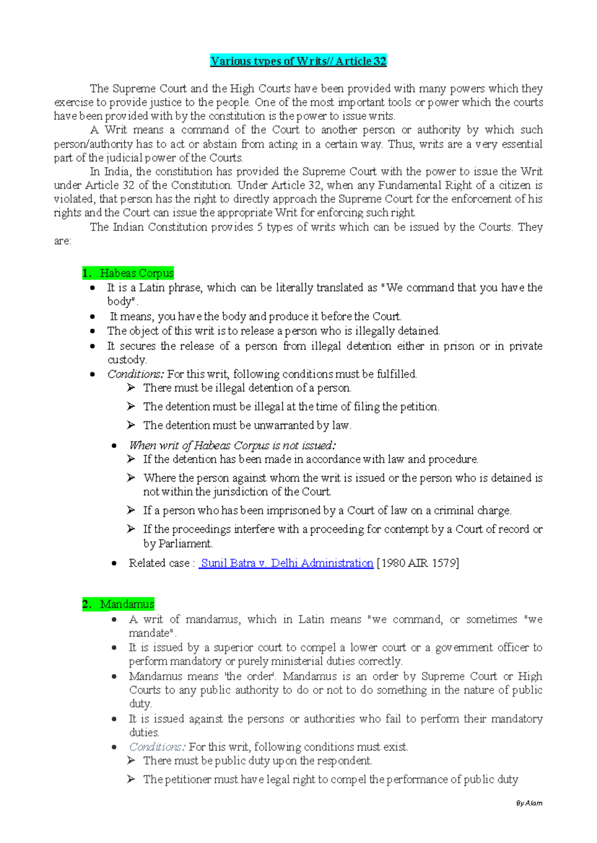 Writs and Types - By Alam Various types of Writs// Article 32 The ...
