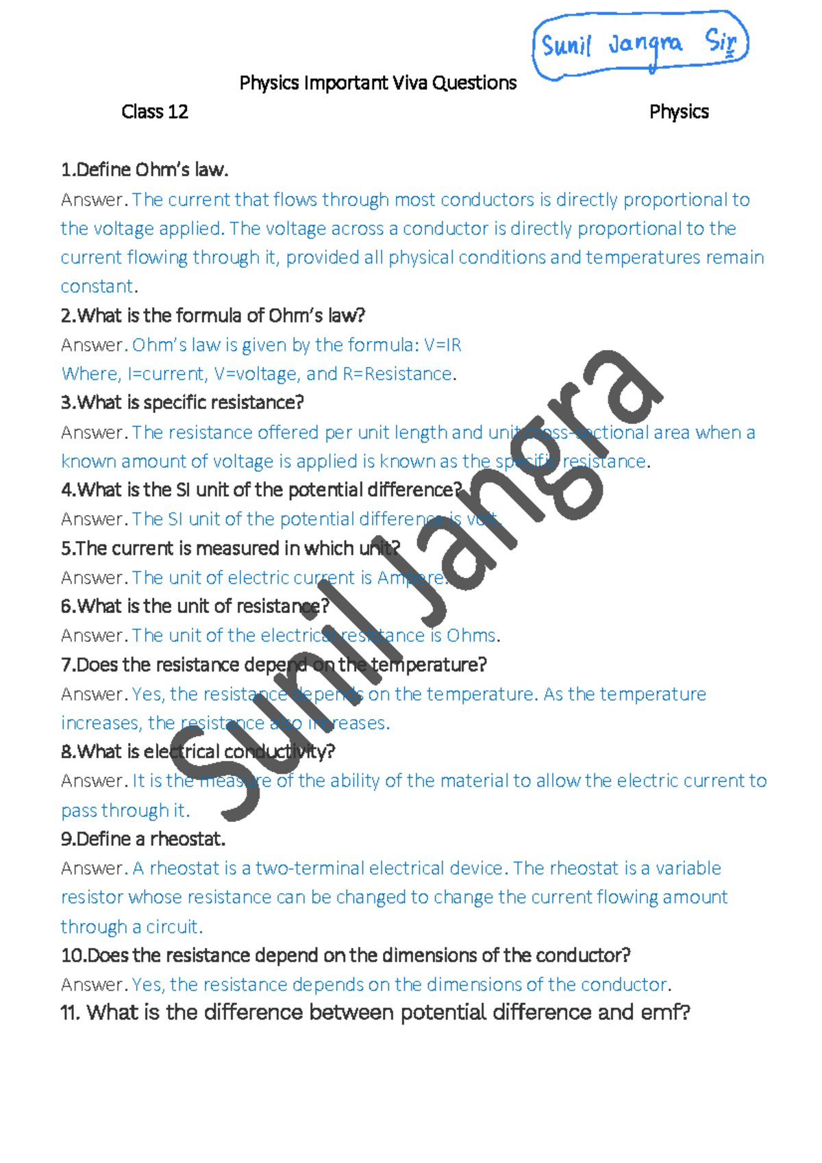 Physics Class 12 Important Viva Questions - 620529793 - Studocu