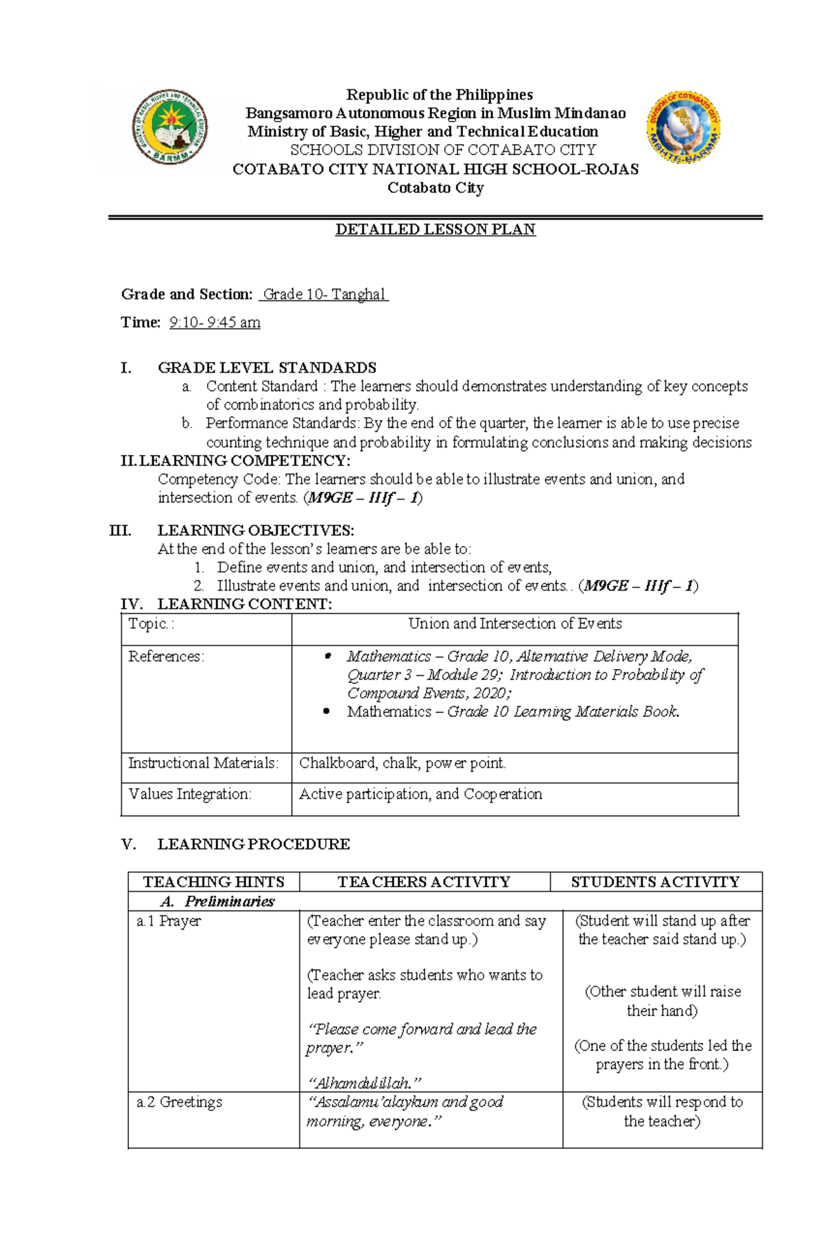 Semi-Detailed Lesson Plan on Union and Intersection of Events (M9GE 1 ...