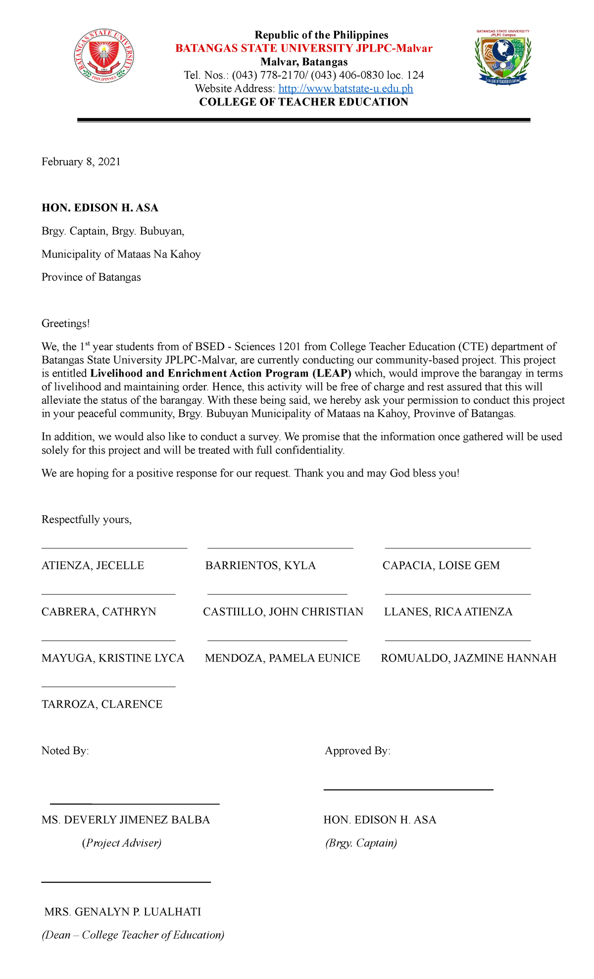 Brgy. permission letter - Republic of the Philippines BATANGAS STATE ...