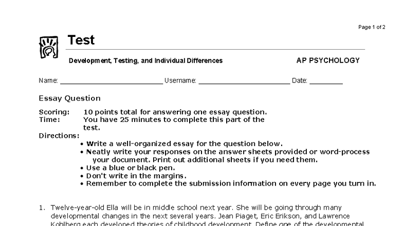 AP PSYCHOLOGY Essay on Developmental Stages and Individual Differences ...