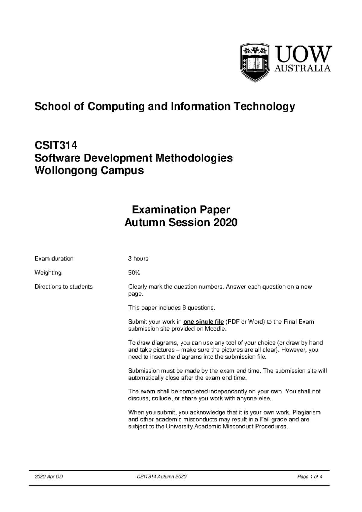 CSIT314 Final Exam Paper - Software Development Methodologies 2020 ...