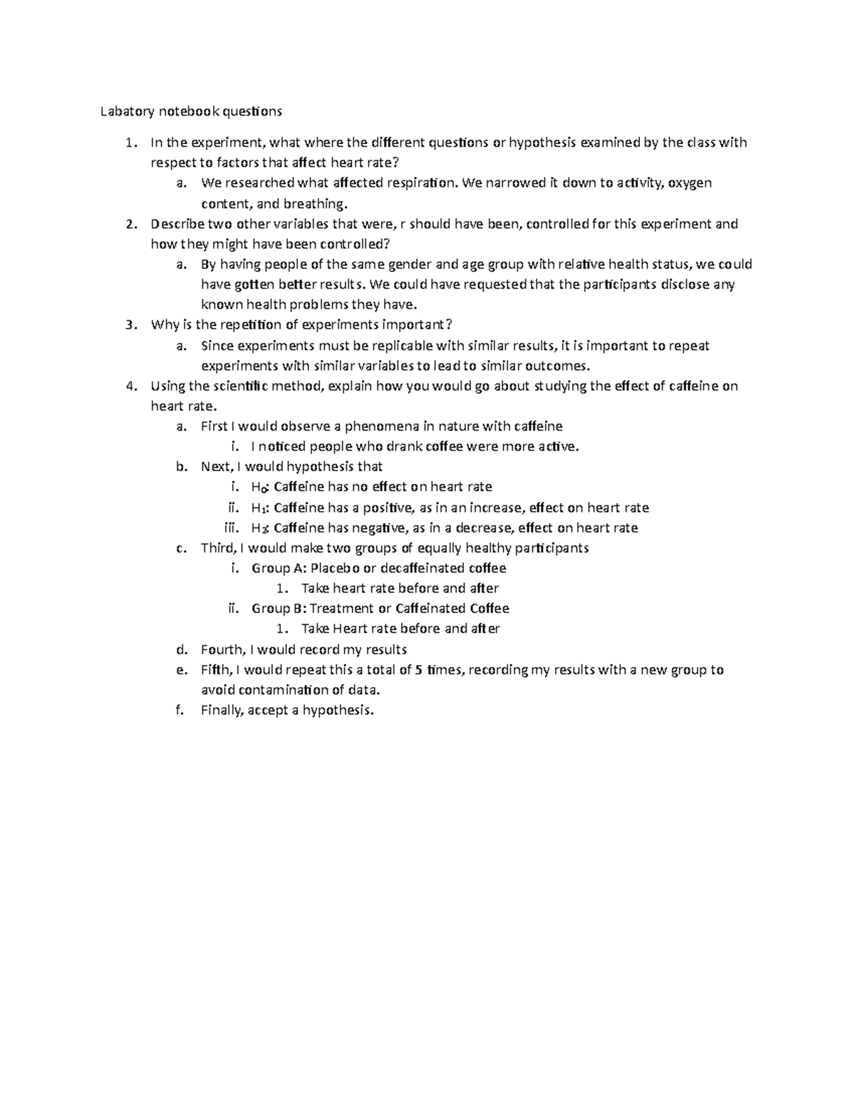 Heart rate questions - First lab - Labatory notebook questions In the ...