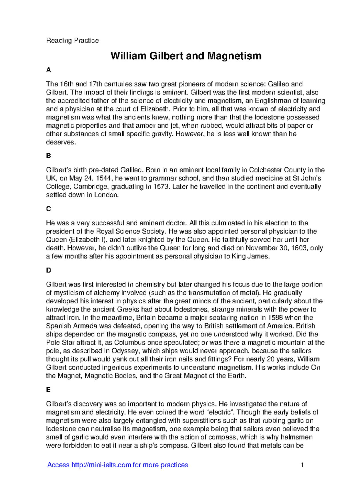 William gilbert and magnetism - Reading Practice William Gilbert and ...