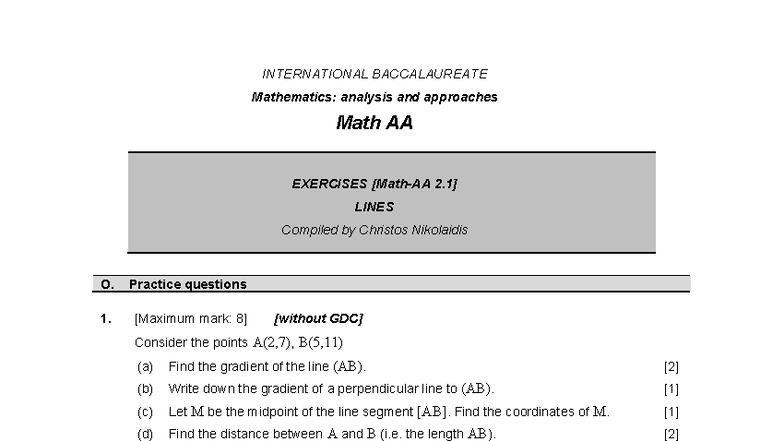 Math AA 2.1: Lines Exercises and Practice Questions - Studocu