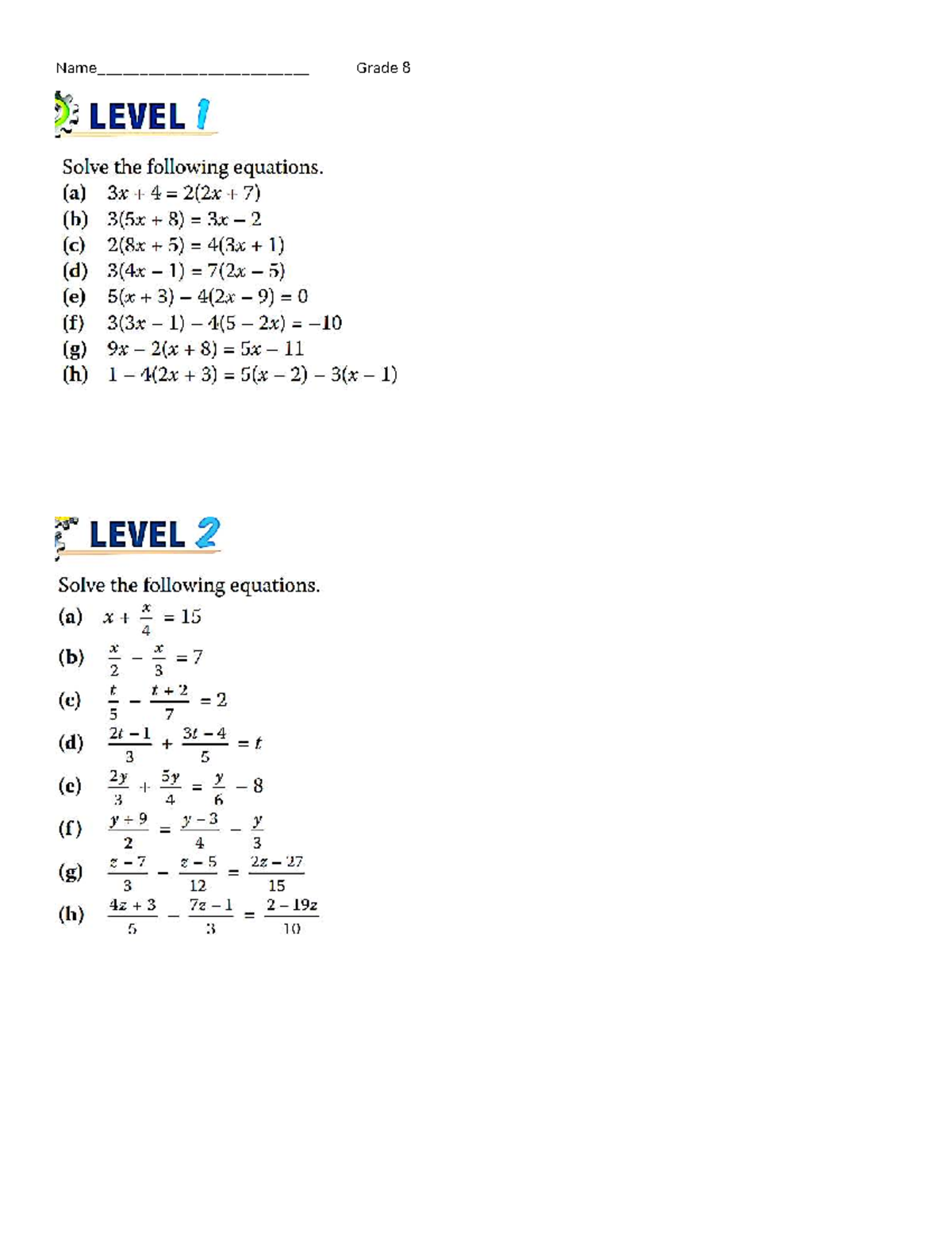 Grade 8 Math: Equations Practice (Levels 1 & 2) - Studocu