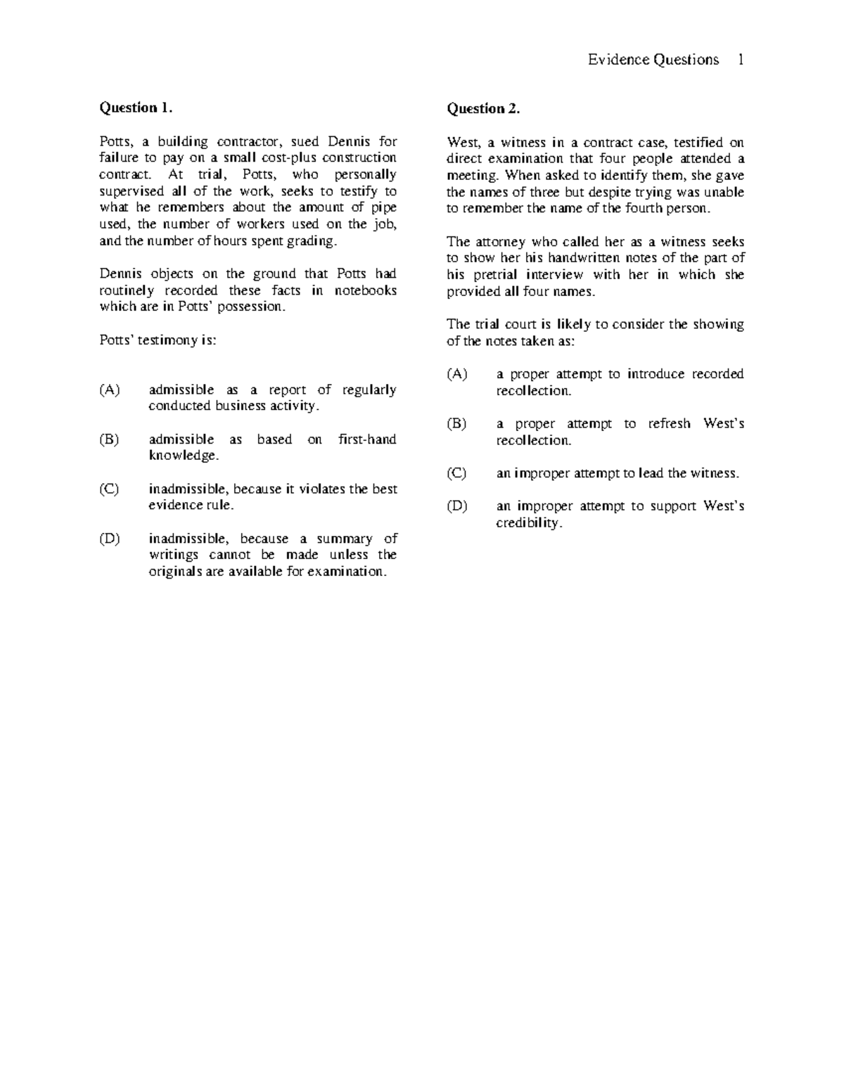 Evidence Questions for Law Studies (Course Code: LAW 101) - Studocu