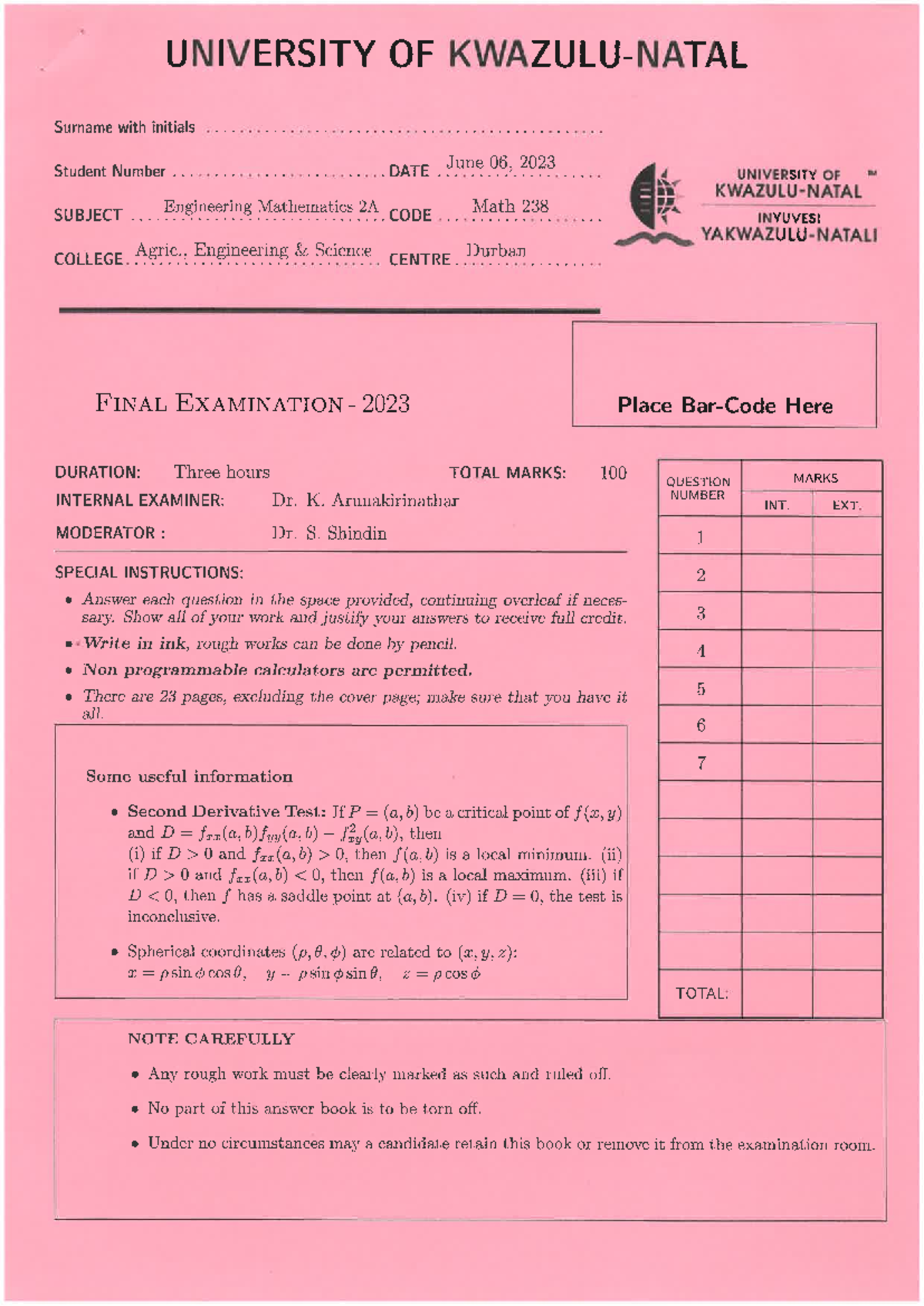 Math 238 Final Exam 2023 - Engineering Mathematics 2A Questions - Studocu
