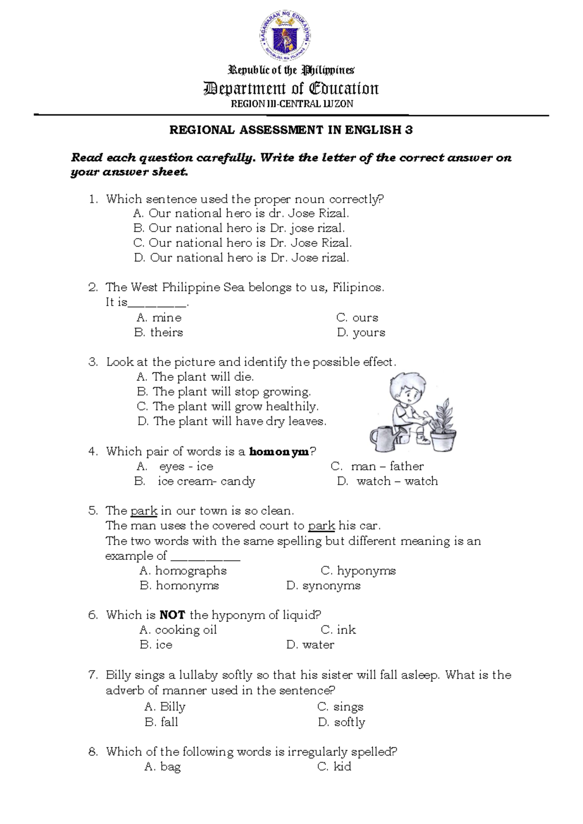 English 3 Regional Assessment Test: Philippines Department of Education ...