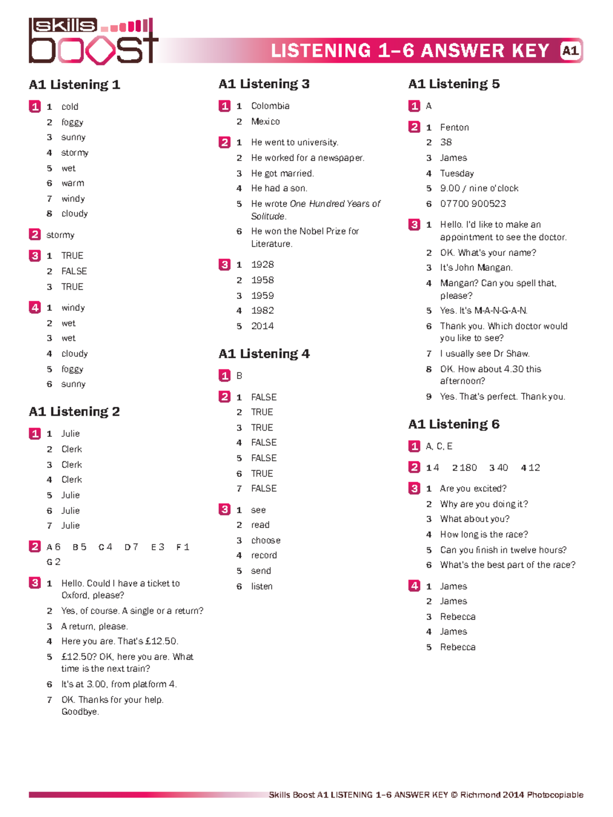 A1 Listening Skills Boost: Answer Key for Exercises 1–6 - Studocu