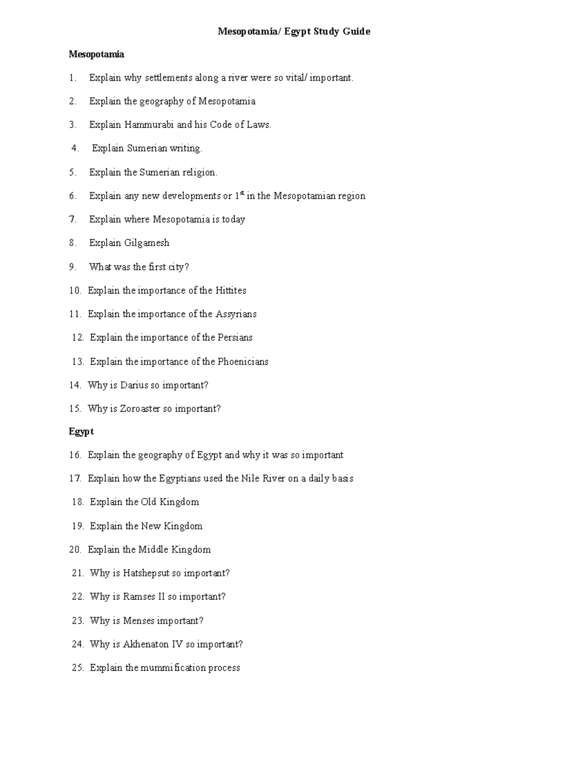 Mesopotamia & Egypt Study Guide: Key Concepts & Questions (HIST101 ...