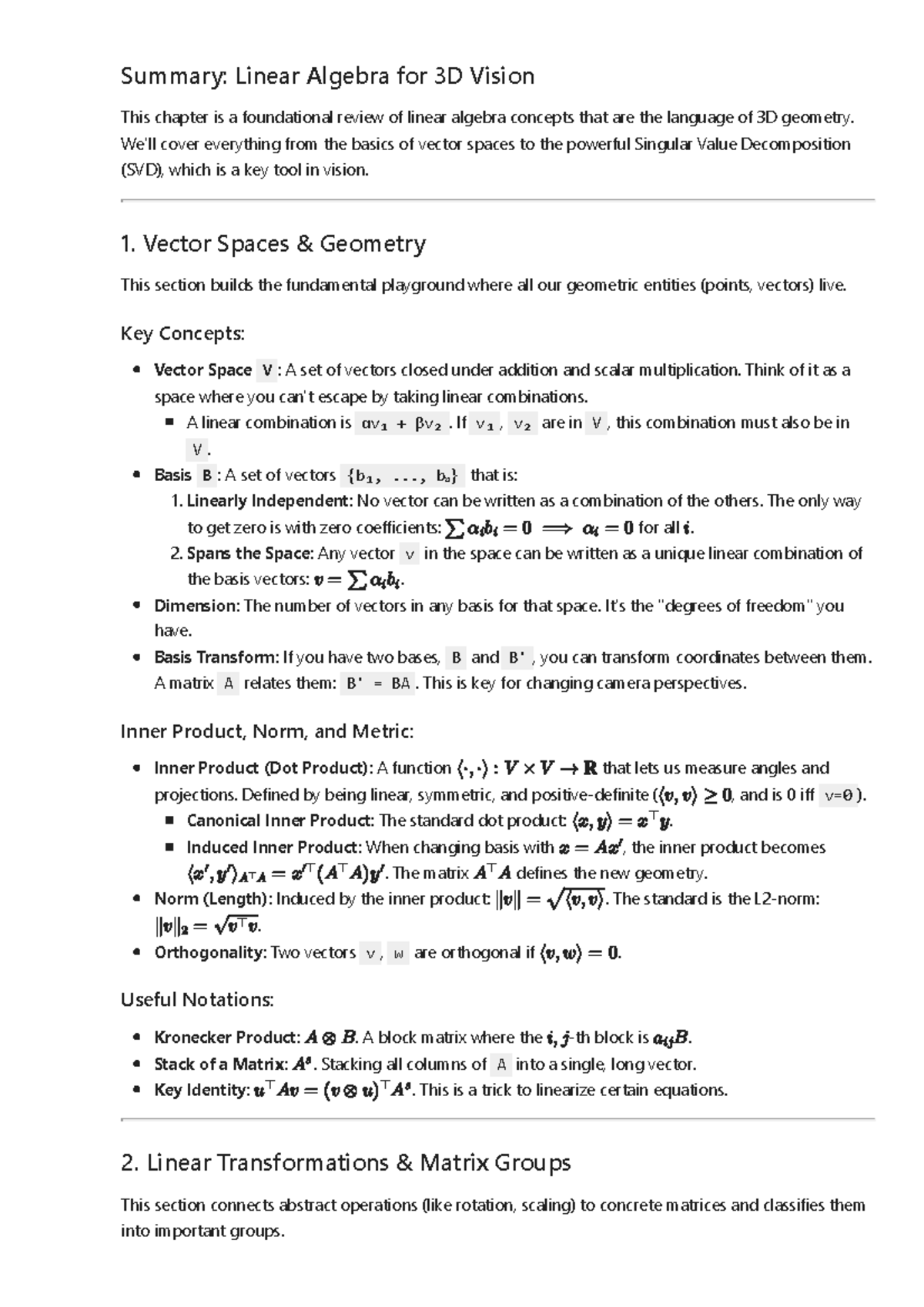 CV2 1 - Summary of Linear Algebra Concepts for 3D Vision - Studocu