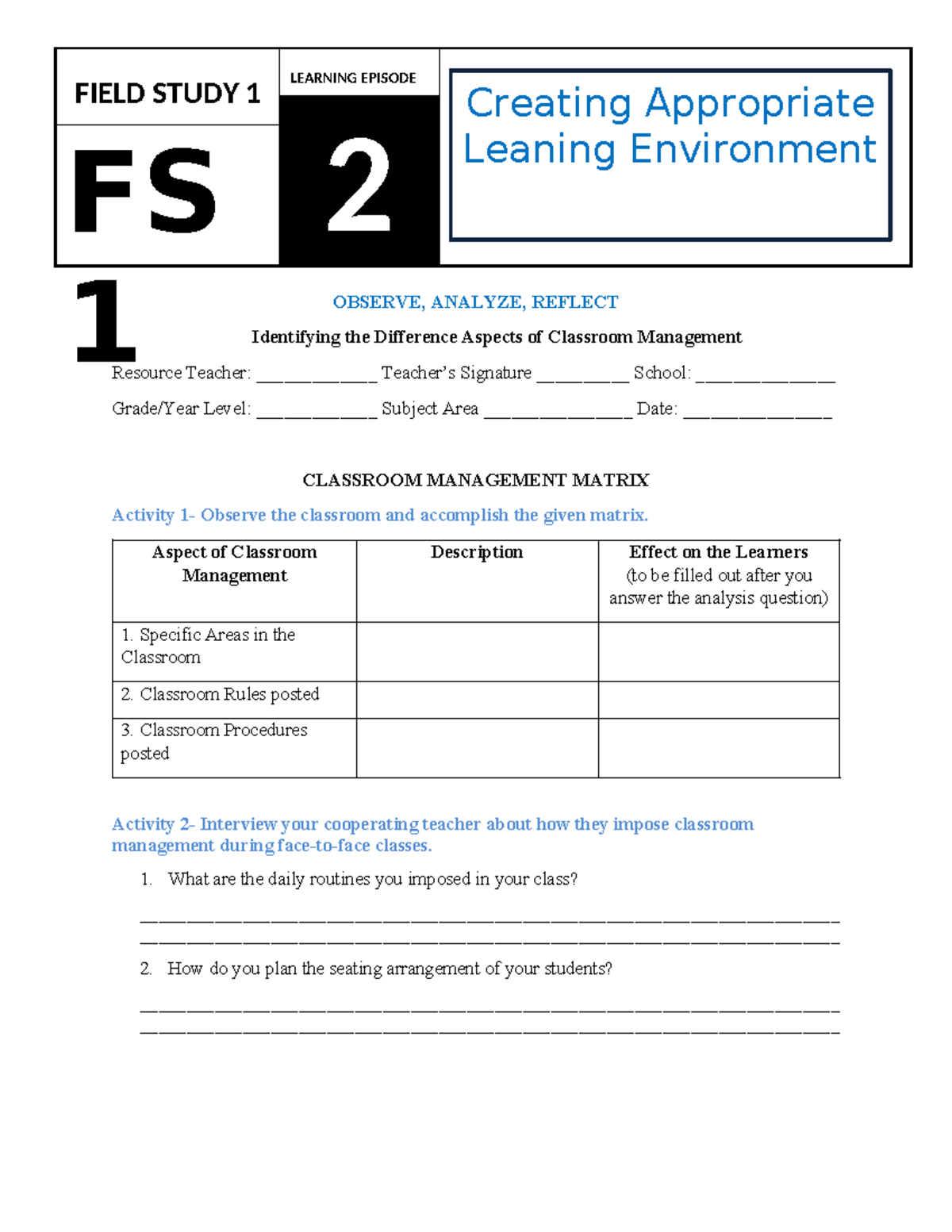 FS 1 LEARNING EPISODE 2: Classroom Management Analysis & Reflection ...