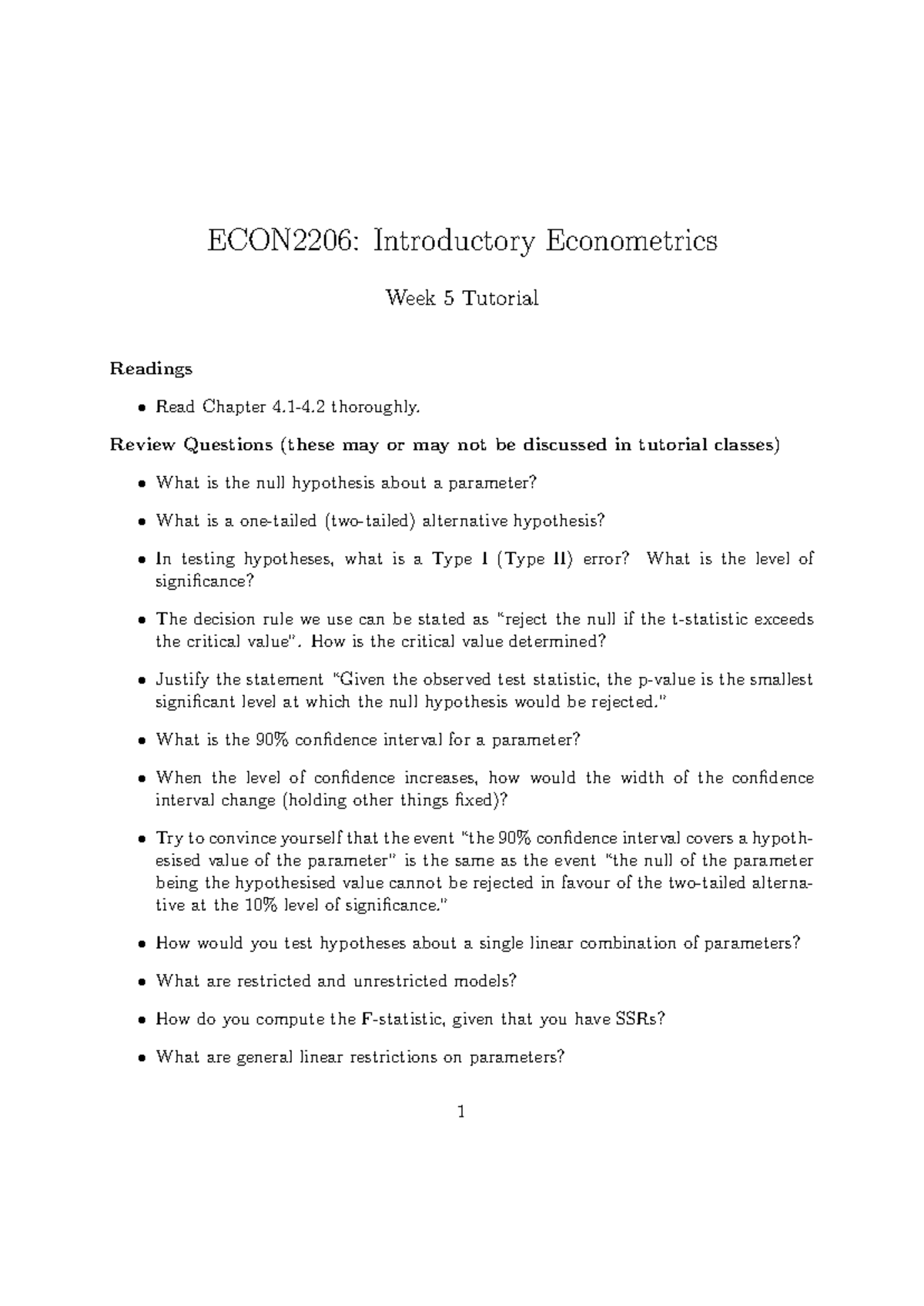 Tutorials Questions From Week 5 - ECON2206: Introductory Econometrics ...