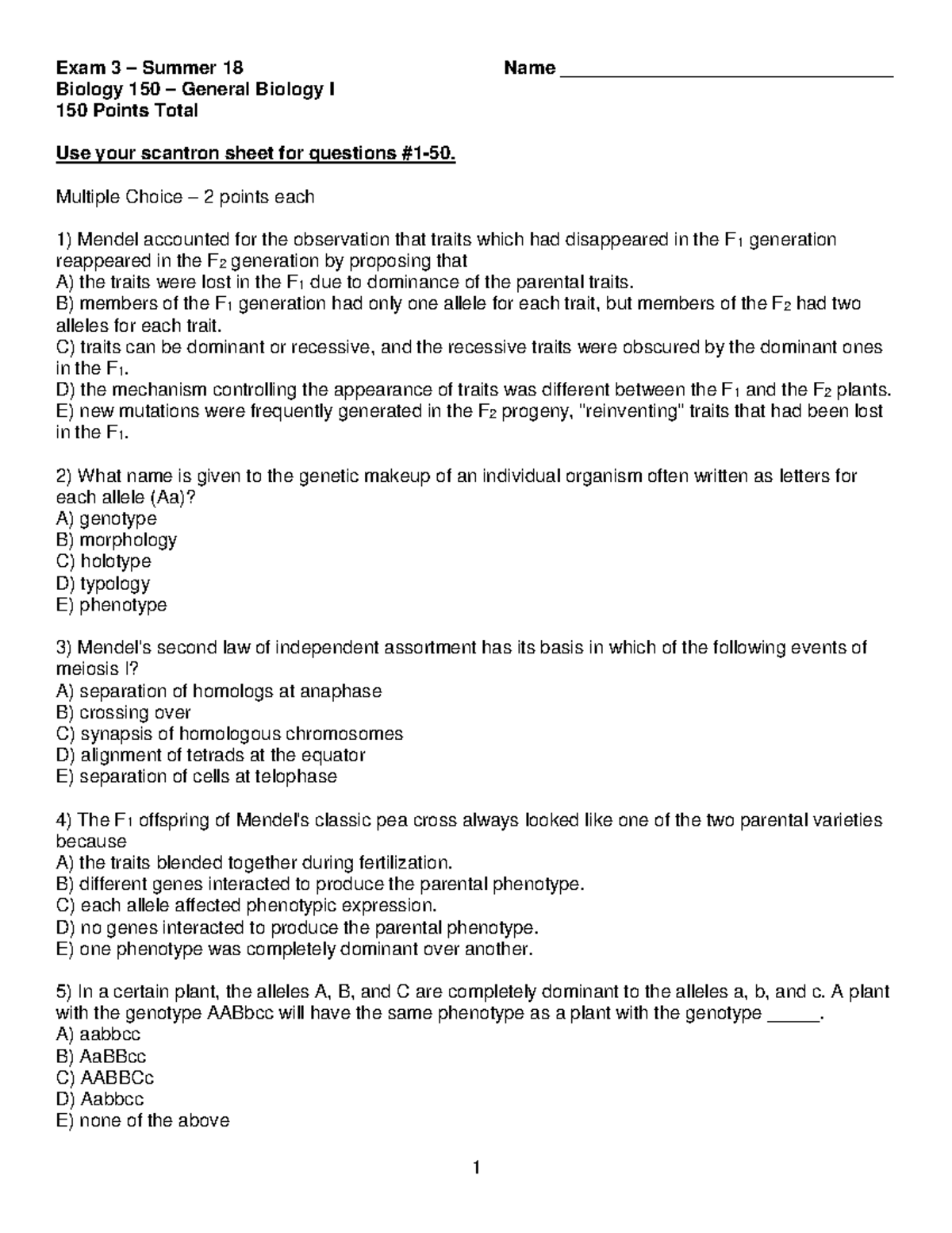 Biology 150 Exam 3 Mock Review Guide - Studocu