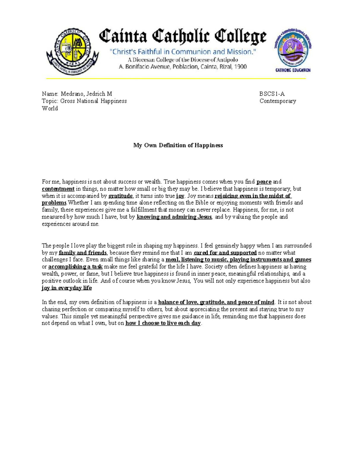 Happiness: My Definition and Perspective on True Joy - Studocu