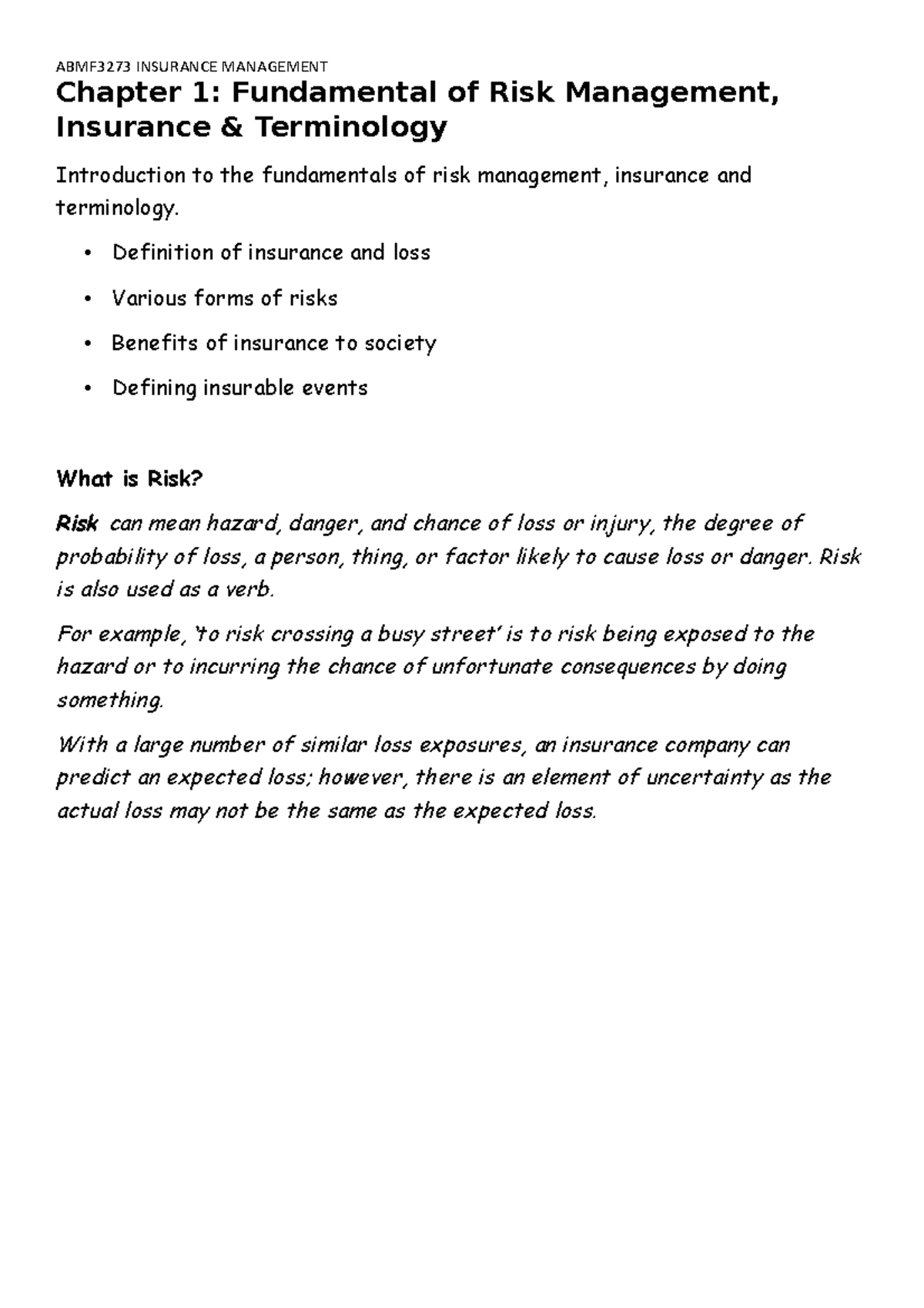 Chapter 1 Insurance Management Year 2 Sem 3 - Chapter 1: Fundamental of ...