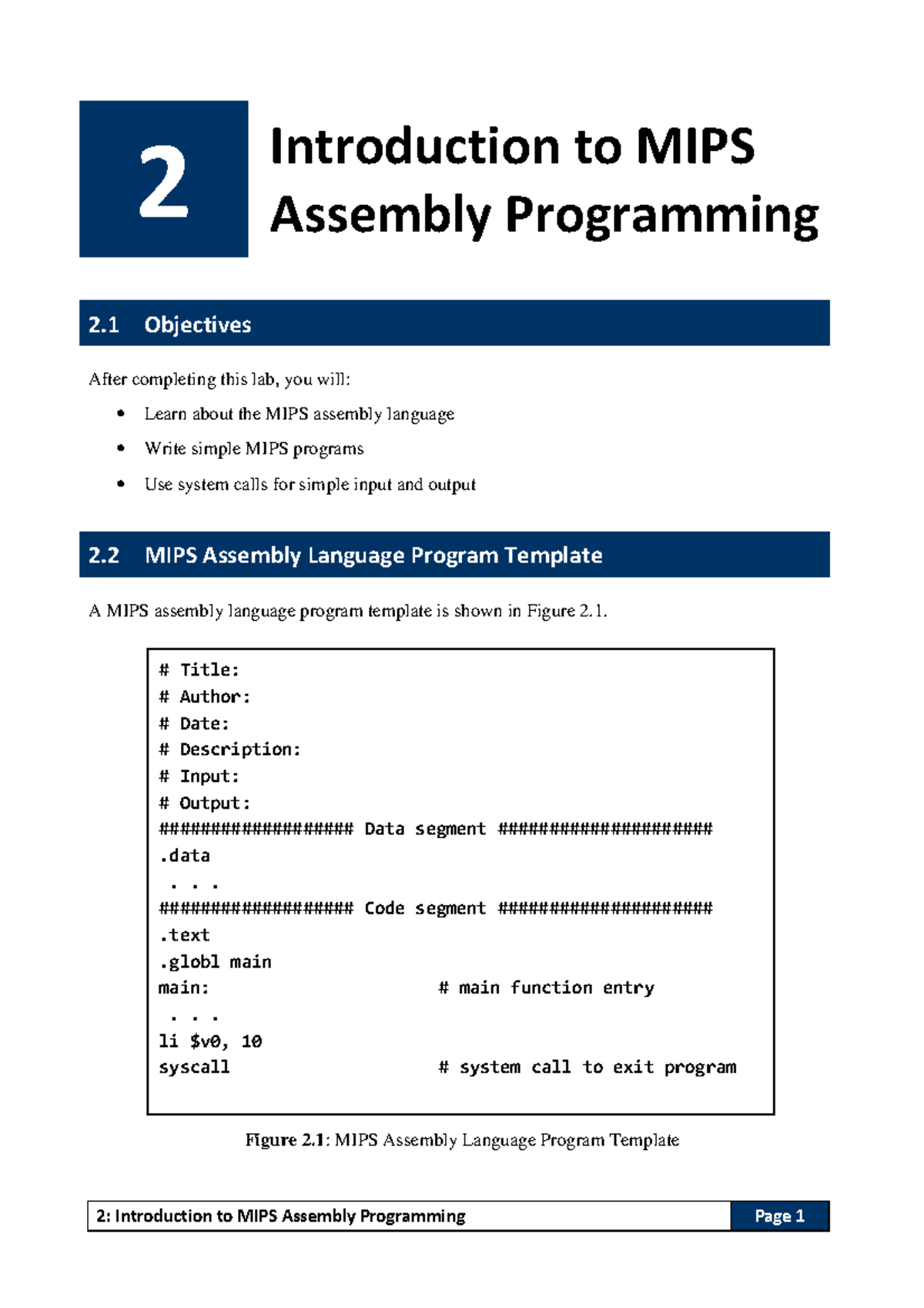 Lab 2 Introduction MIPS Assembly - 2 Introduction to MIPS Assembly Programming 2 Objectives ...