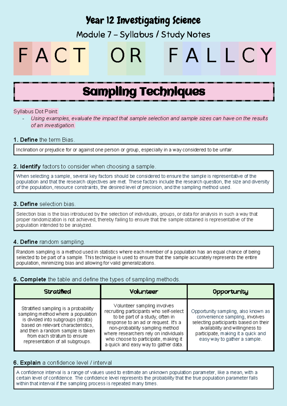 Year 12 Investigating Science Module 7: Fact or Fallacy Study Notes ...