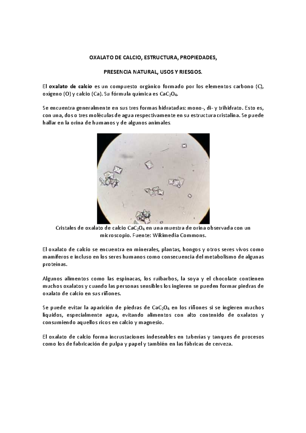 Oxalato de Calcio, estructura, propiedades, presencia natural, usos y ...