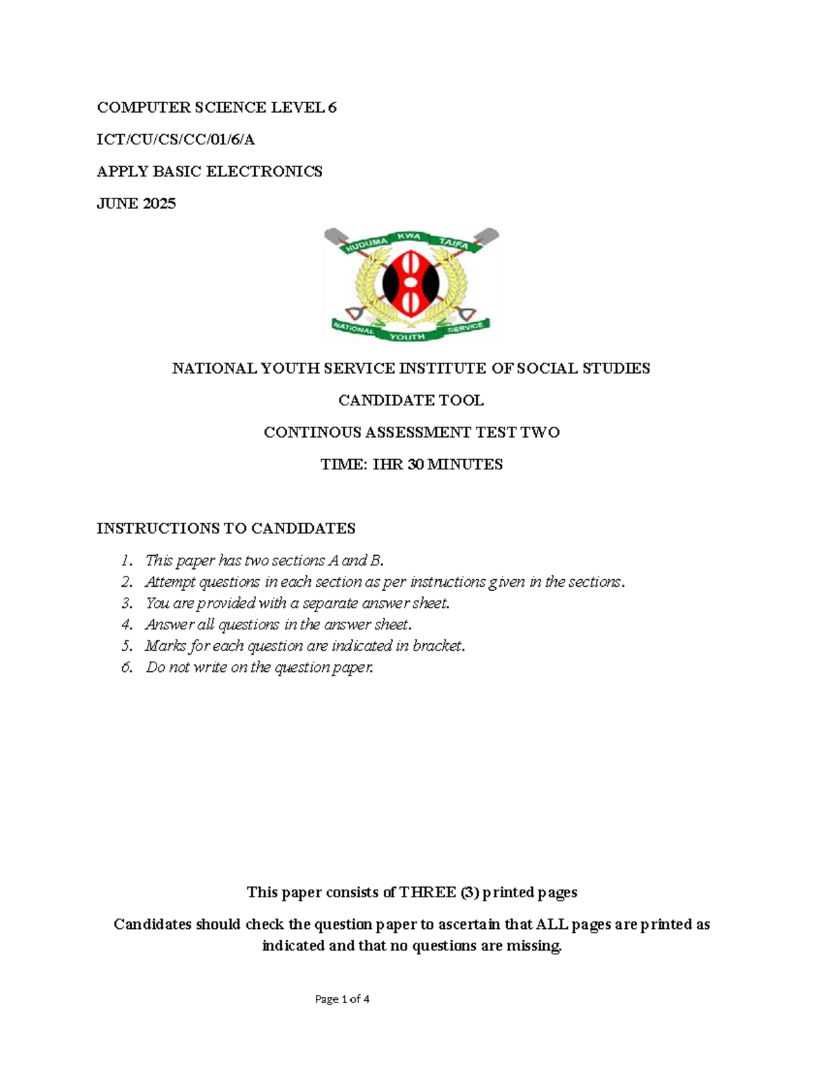 COMPUTER SCIENCE LEVEL 6: BASIC ELECTRONICS CAT 2 JUNE 2025 - Studocu